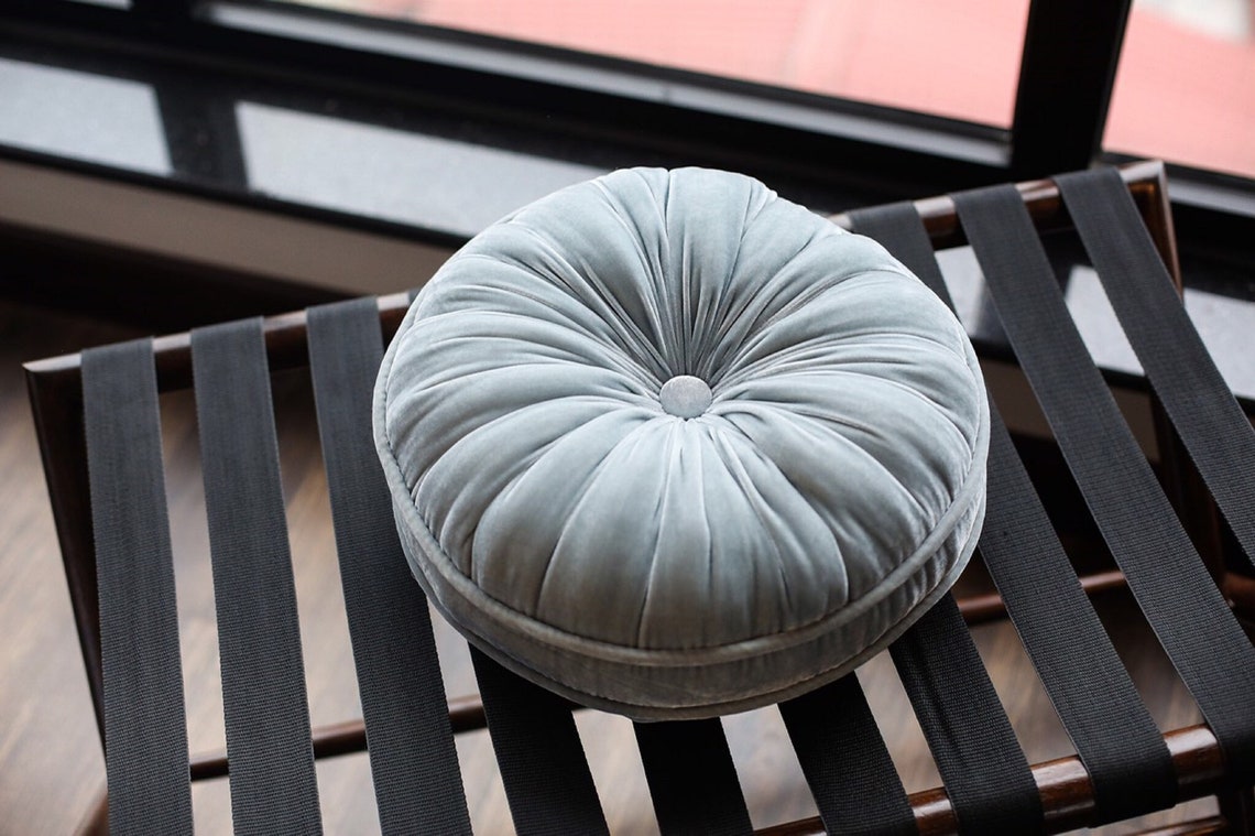 Slate Blue Luxury Velvet Round Pillow, Silk Velvet Round Pillow ...