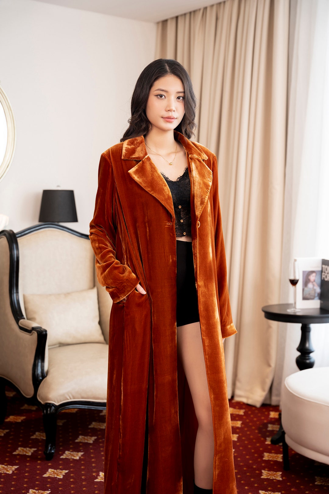 Long Mulberry Silk Velvet Duster, Long Cardigan Coat With Pockets ...