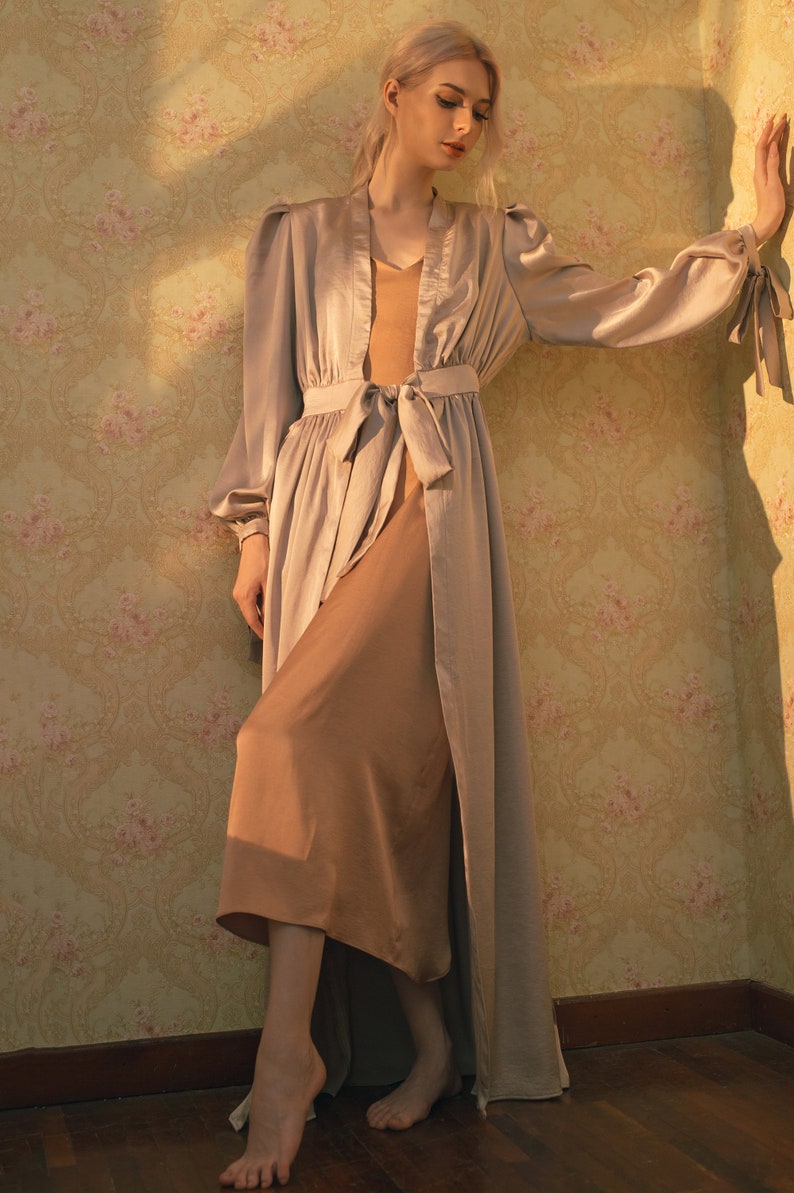 Long Silk Robe Bridal Silk Robe Puff Sleeve Robe | Etsy