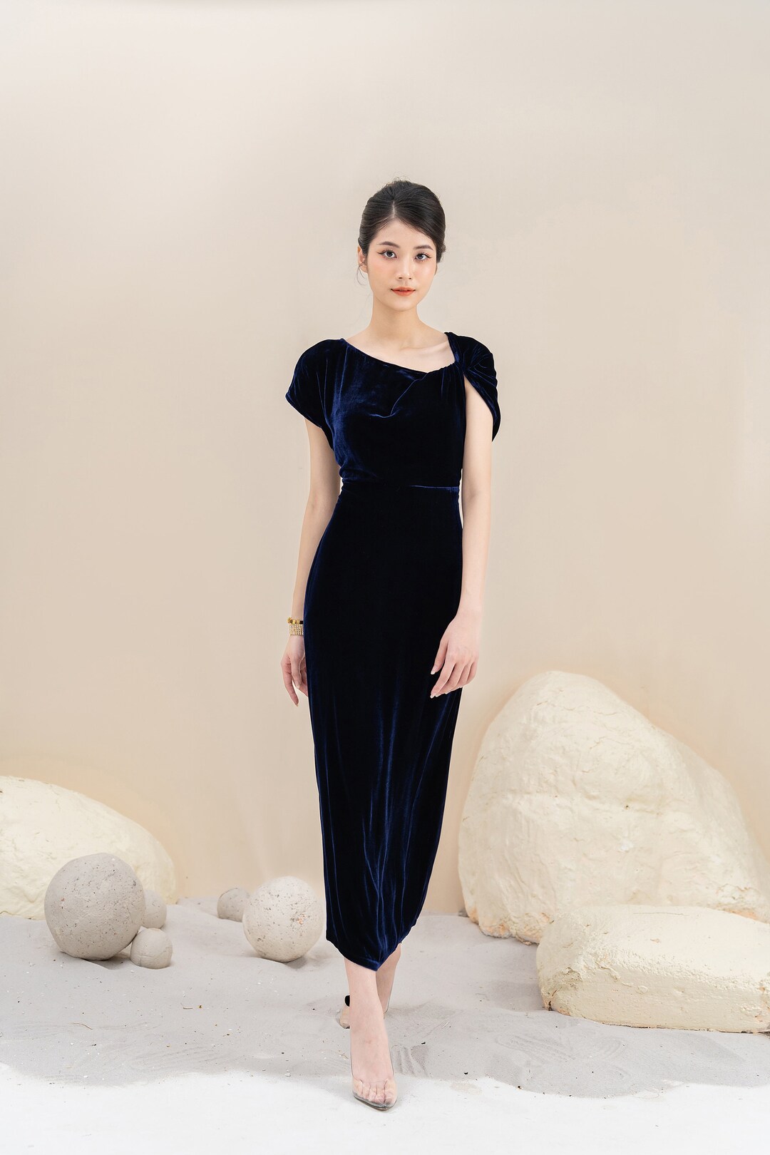 Navy Mulberry Silk Velvet Dress , Luxurious Silk Velvet Twist Shoulder ...