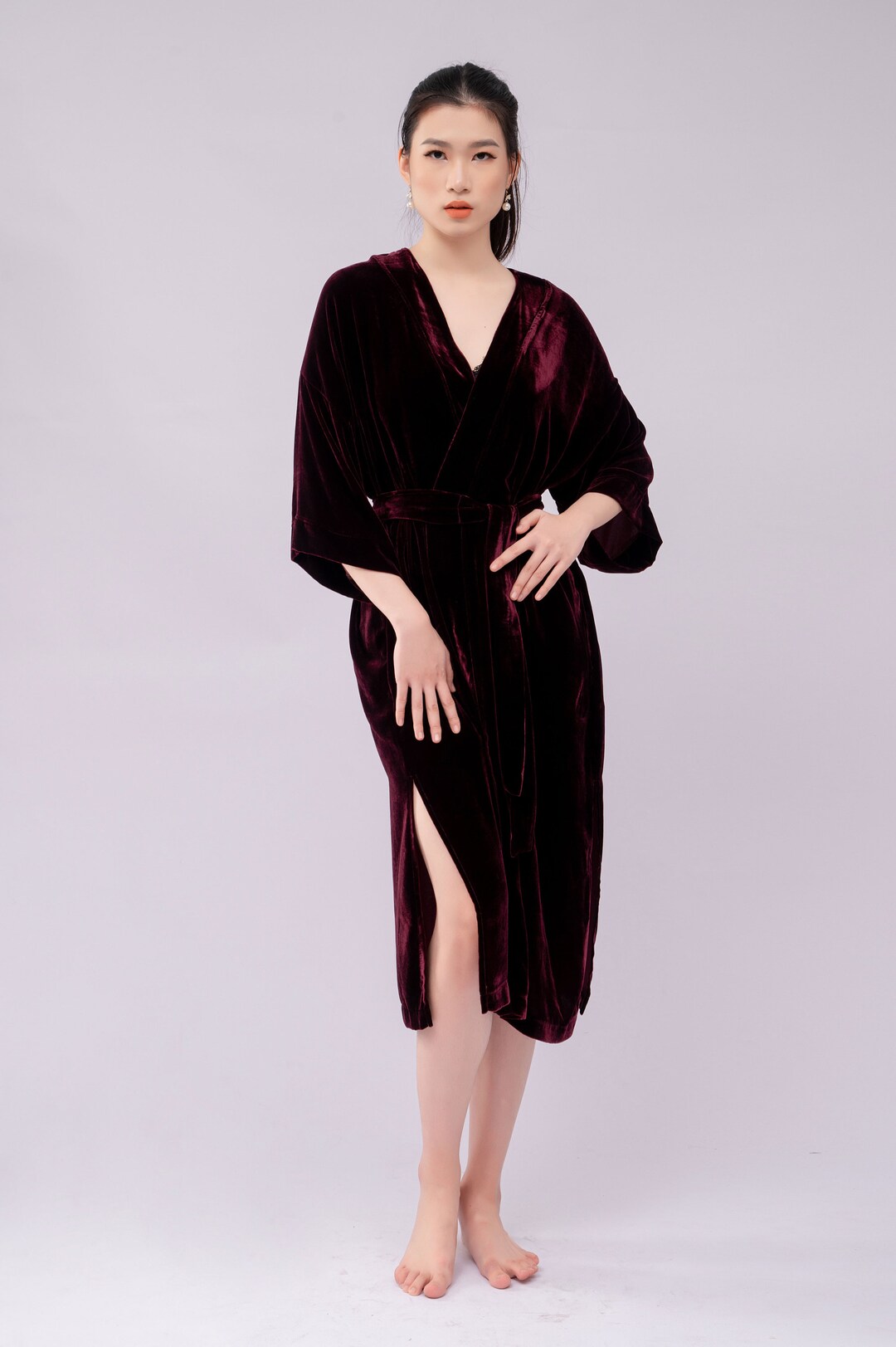 Silk Velvet Bathrobe, Plum Robe Wedding Gift for Her, Velour Robe ...