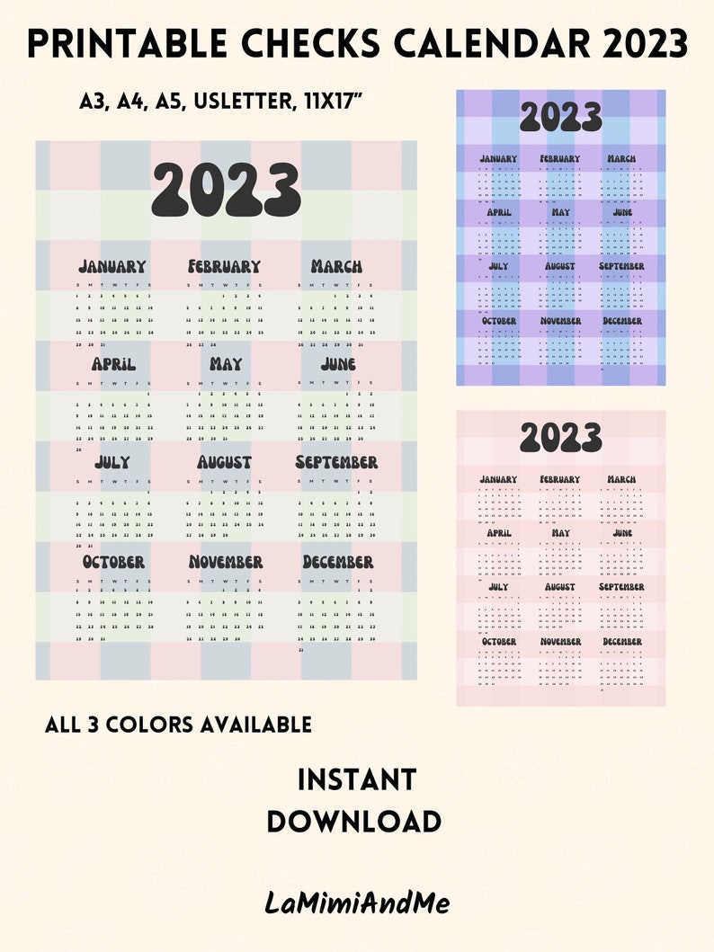 Printable Checks Calendar 2023 PDF Colorful Calendar 2023 - Etsy