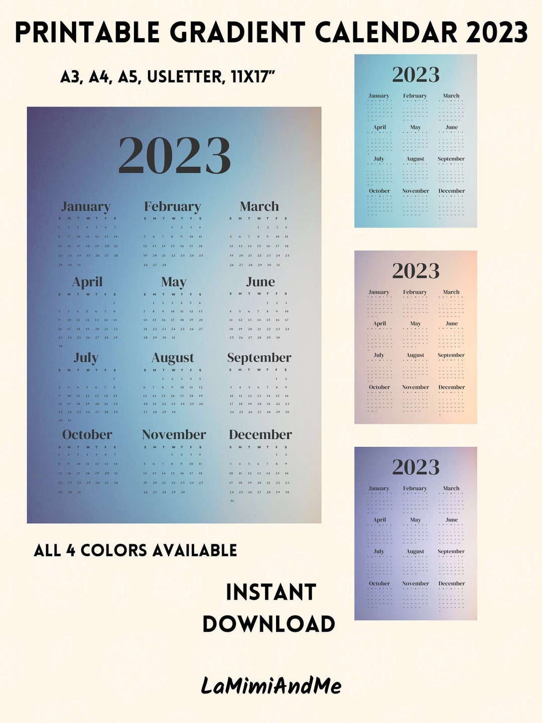 Printable Gradient Color Calendar 2023 PDF, Colorful Calendar 2023 Pdf ...