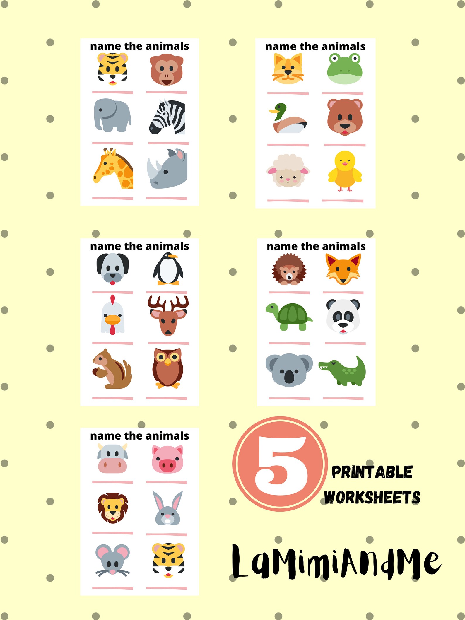 5 Funny Printable Worksheets for Kids PDF, Learning Animals Names ...