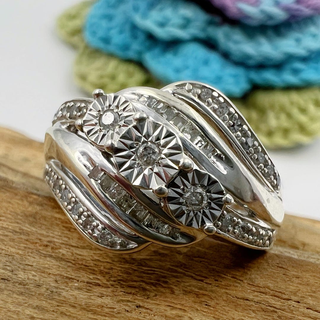 Sparkling 80s Gypsy Star Set Cluster Genuine Diamond Ring Size N [USA 6 ...