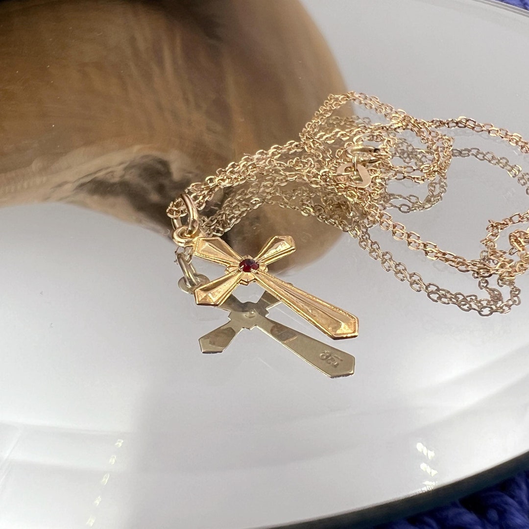 Vintage 9ct Minimalist Crucifix With Ruby Red Stone on Fine 45cm 9k ...