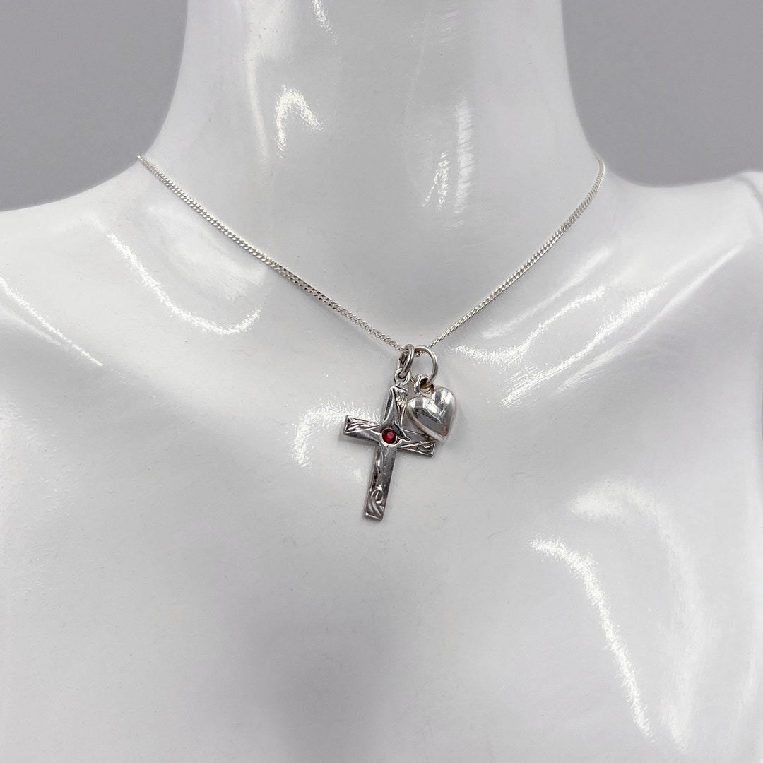 Vintage Silver Crucifix With Ruby Red Stone & Heart Pendants Charms on ...