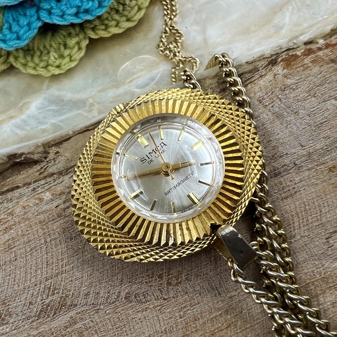 Simca De Luxe Oval Sunray Diamond Cut Pendant Watch Necklace Mechanical ...