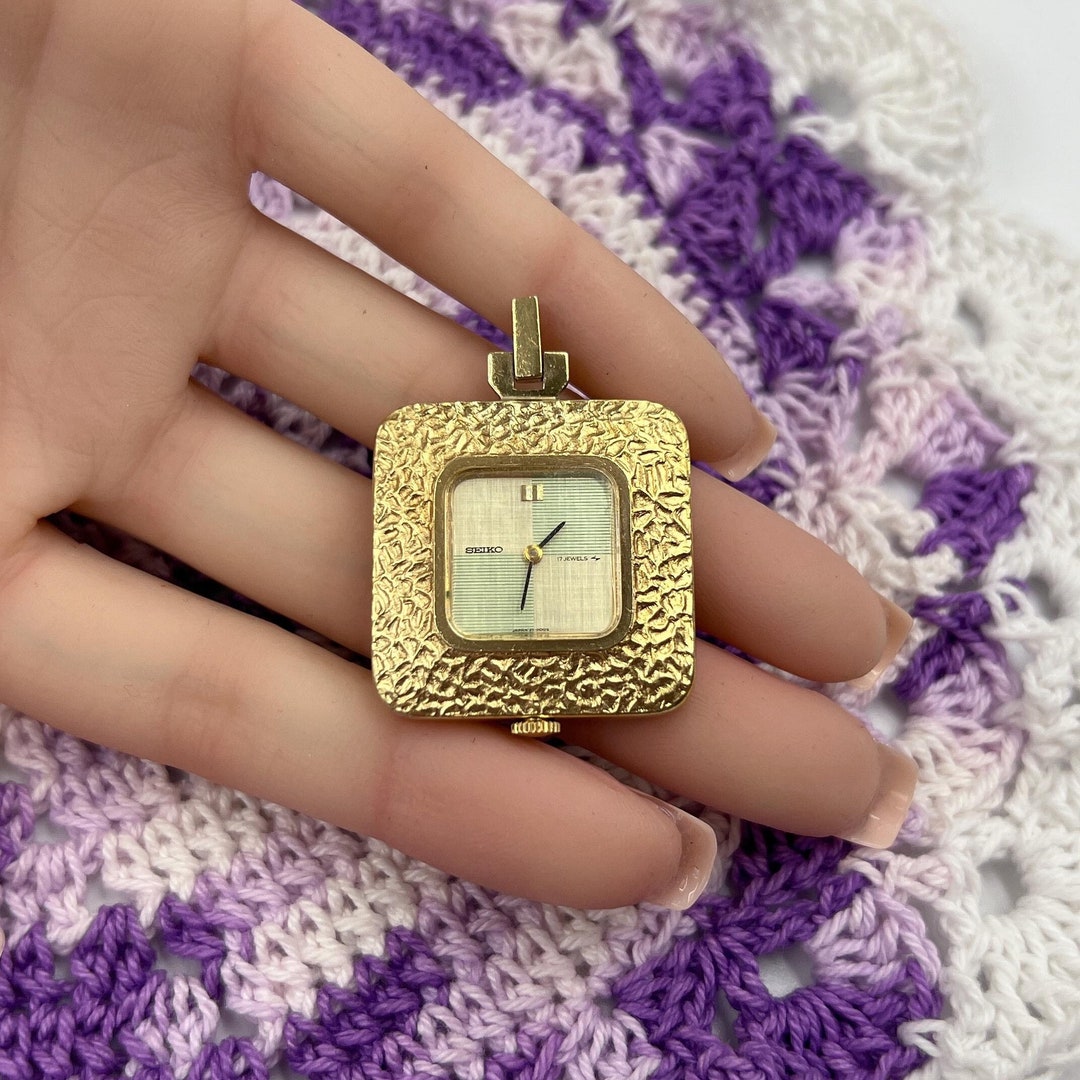 1969 Seiko 17 Jewels Square Pendant Mini Pocket Watch Textured Gold ...