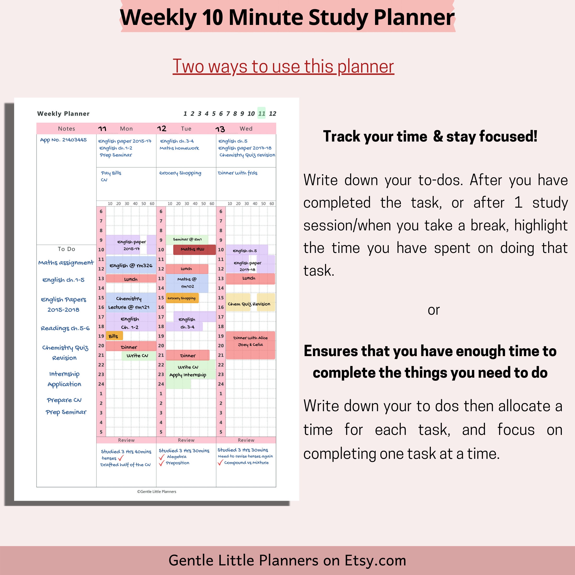 Weekly 10 Minute Planner Printable, Student Study Planner, Undated ...