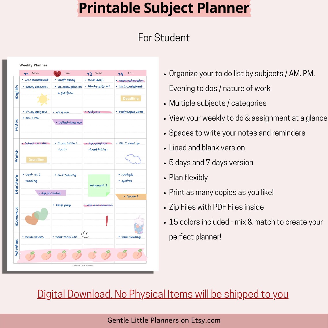 Undated Weekly Planner Printable Subject Planner Teacher - Etsy Hong Kong