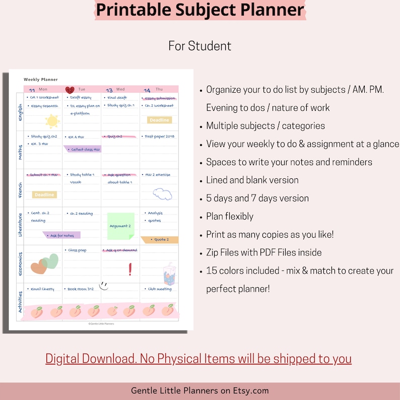 Undated Weekly Planner Printable Subject Planner Teacher Planner ...
