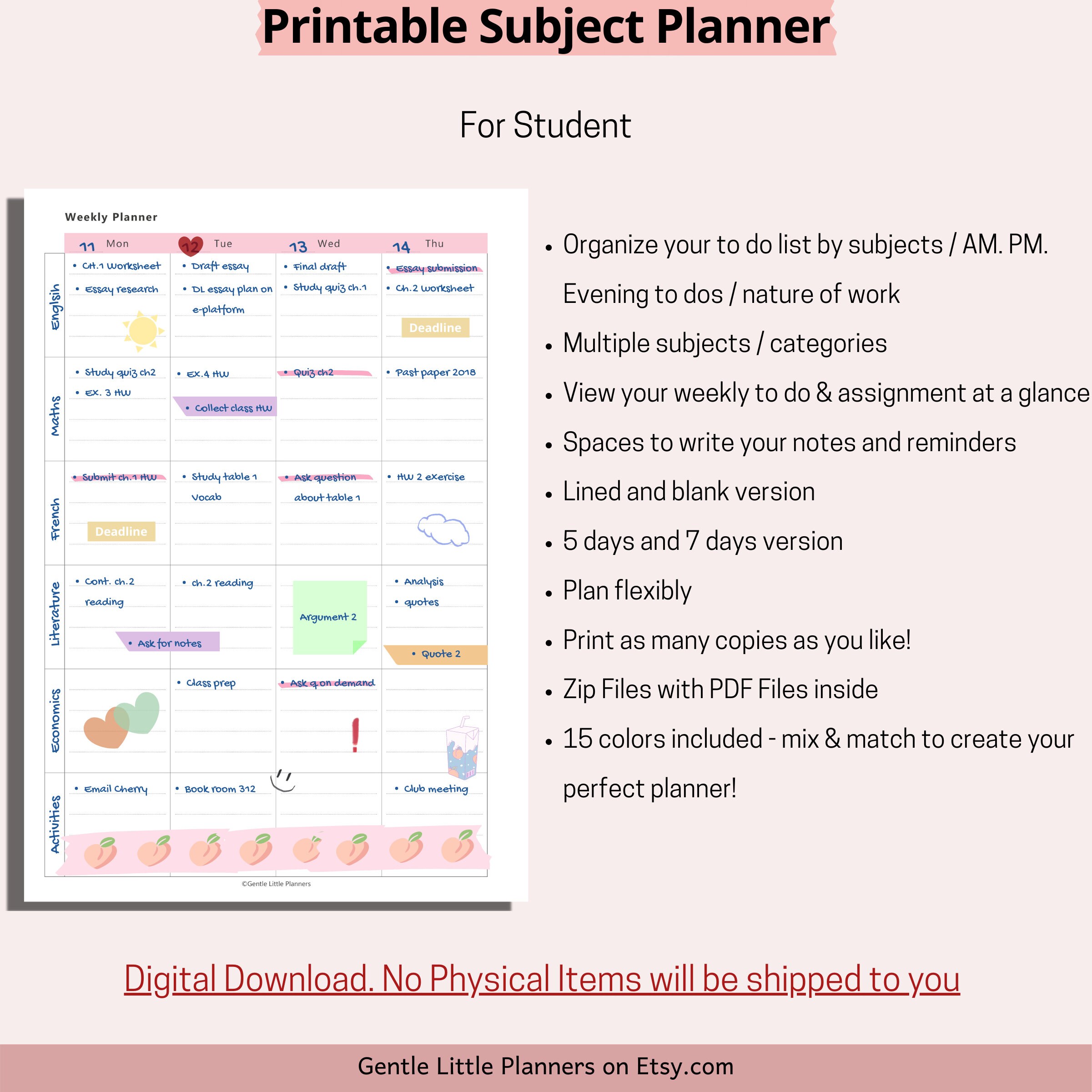 Undated Weekly Planner Printable Subject Planner Teacher - Etsy Hong Kong