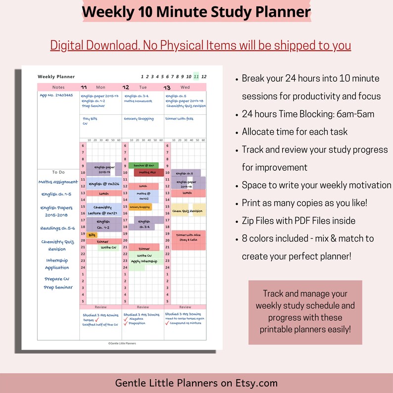 Weekly 10 Minute Planner Printable Student Study Planner - Etsy