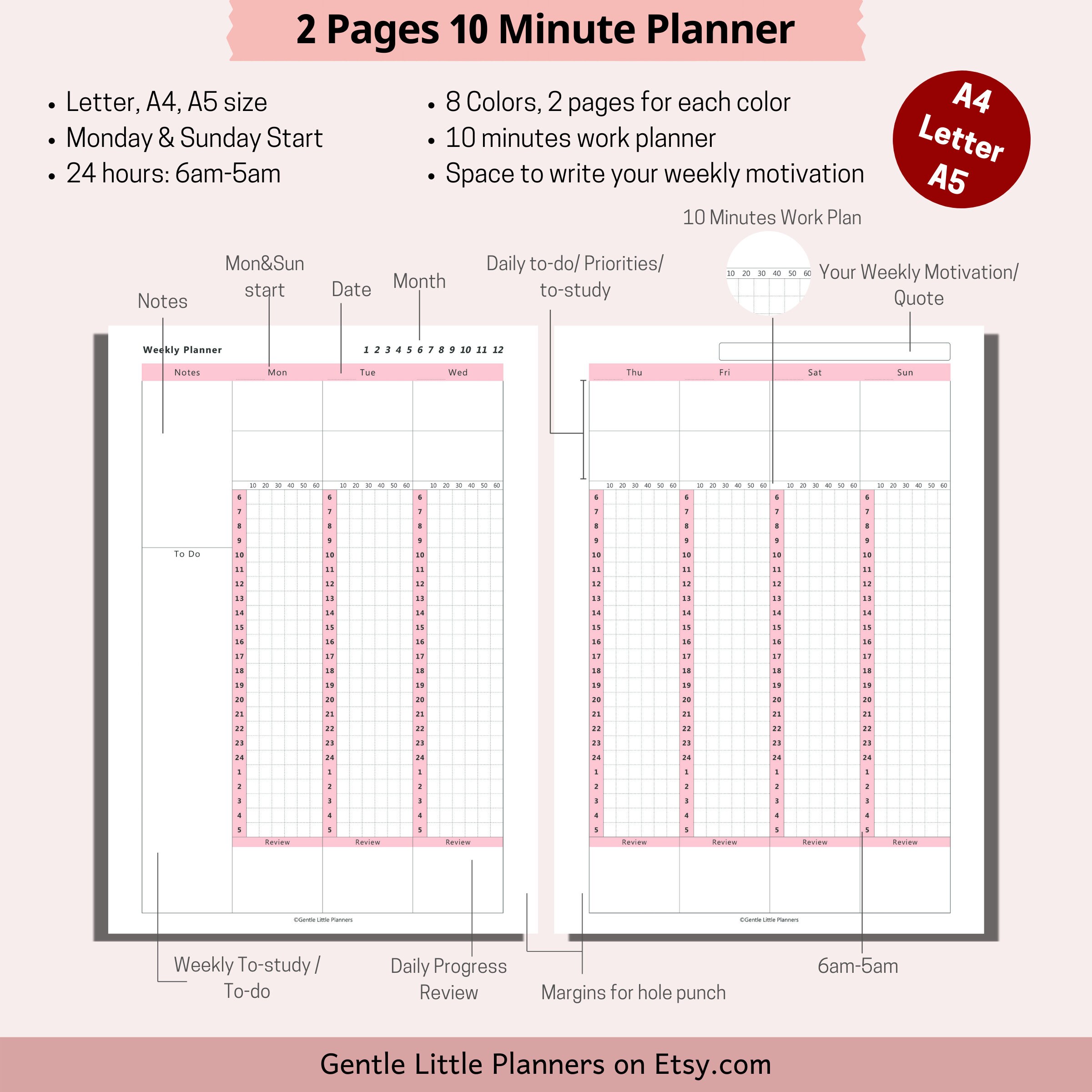Weekly 10 Minute Planner Printable, Student Study Planner, Undated ...