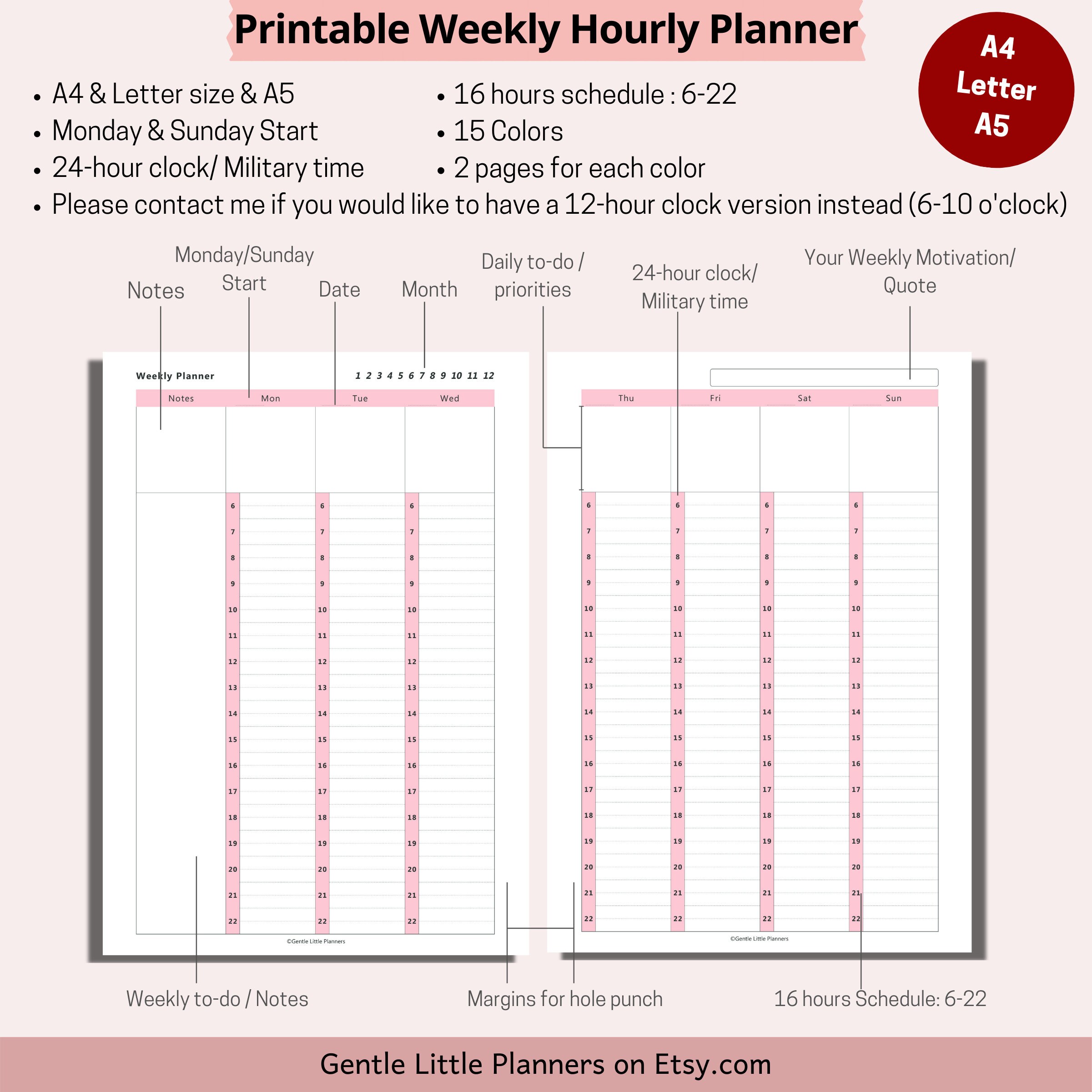 Weekly Hourly Planner Printable, Undated Weekly Schedule, 30 Minutes ...