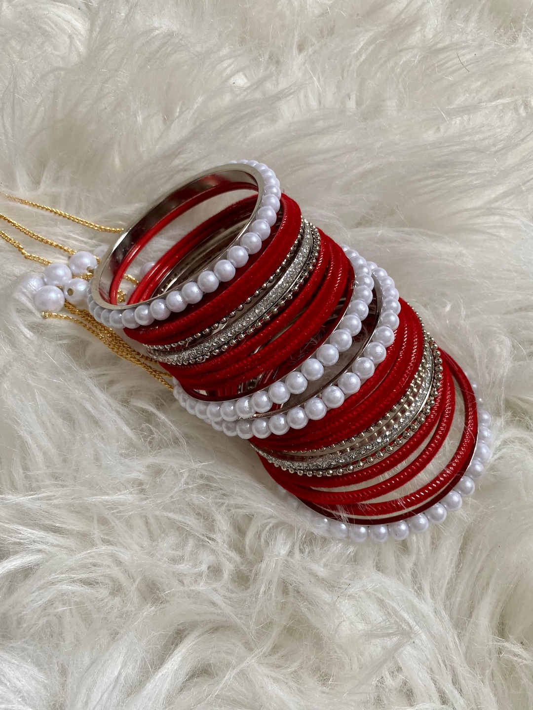 Bangle Set Bangles Choora Churi Velvet Bangles With White Beads and ...