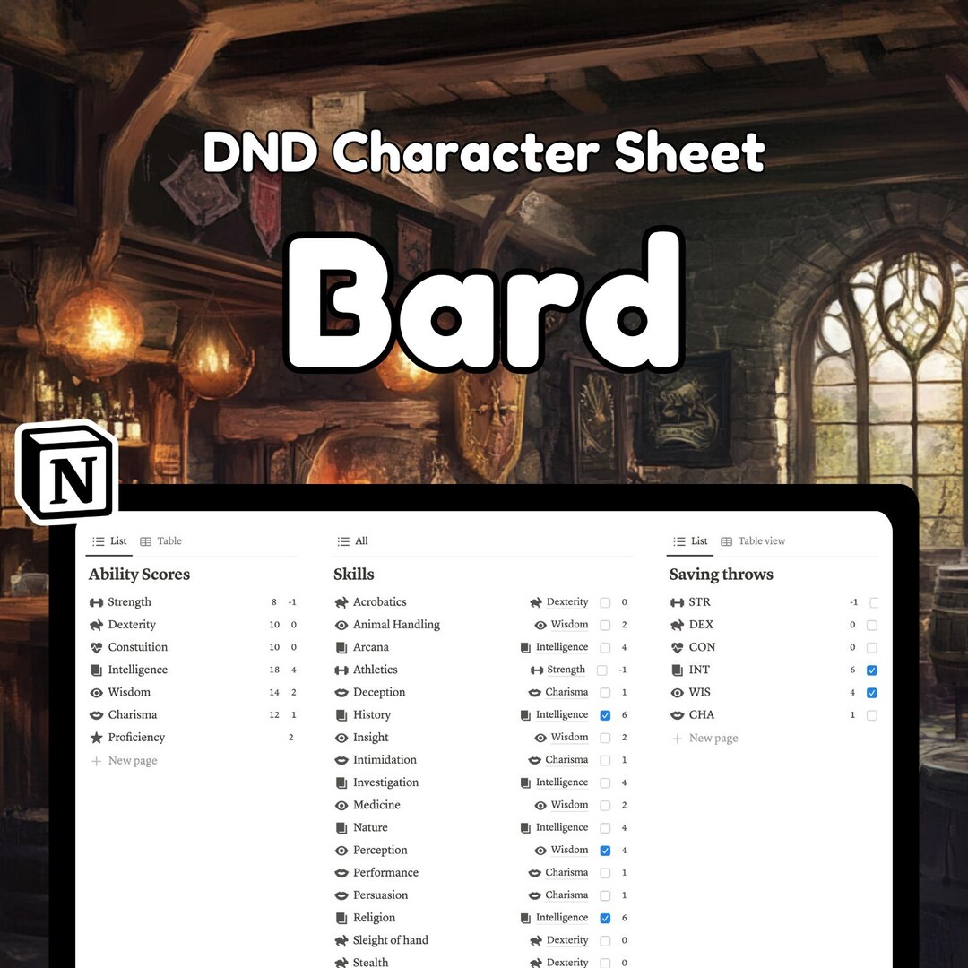 D&D 5e Bard Class Notion Template | Character Sheet | Dungeons and ...