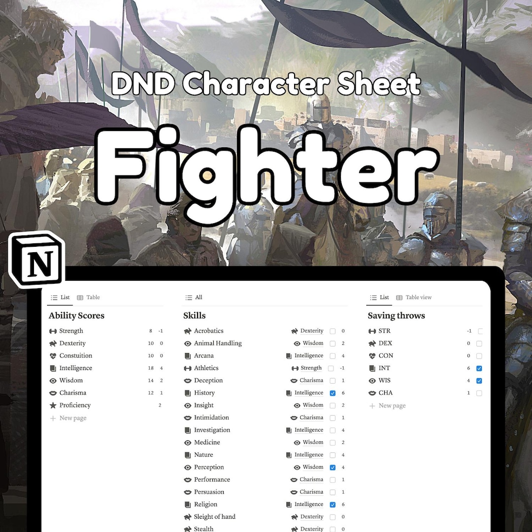 D&D 5e Fighter Class Notion Template | Character Sheet | Dungeons and ...