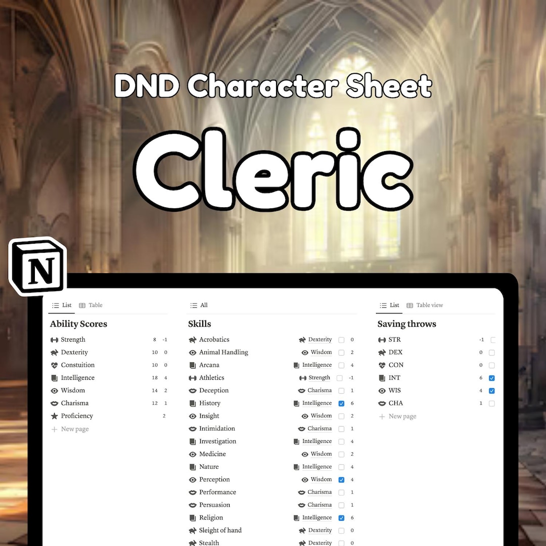 D&D 5e Cleric Class Notion Template | Character Sheet | Dungeons and ...