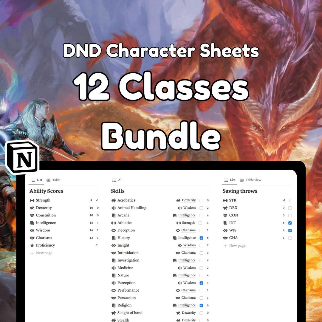 D&D 5e 12 Classes Notion Template Complete Bundle | Character Sheet ...