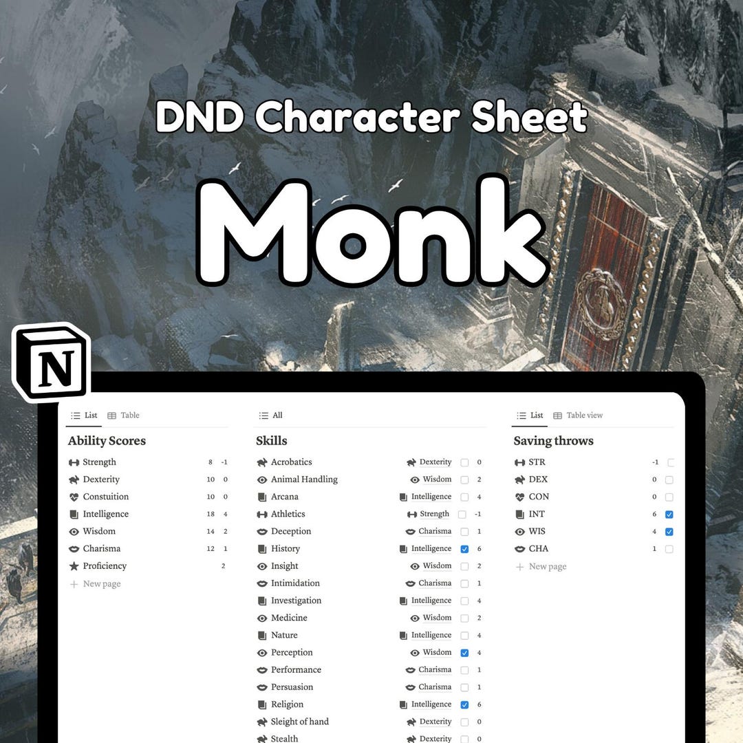 D&D 5e Monk Class Notion Template | Character Sheet | Dungeons and Dragons | Dnd Notebook | Dnd ...