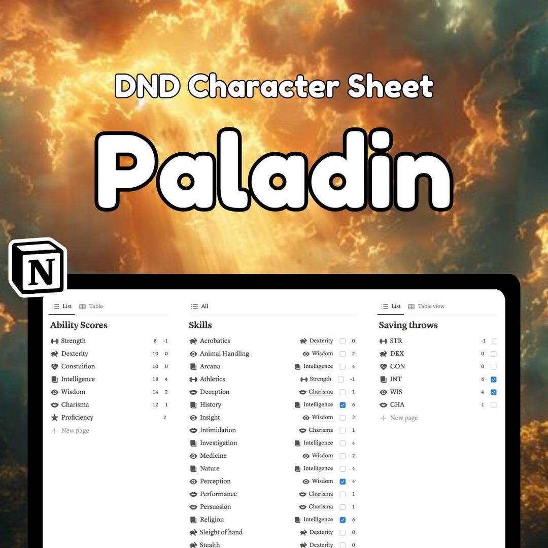 D&D 5e Paladin Class Notion Template | Character Sheet | Dungeons and ...