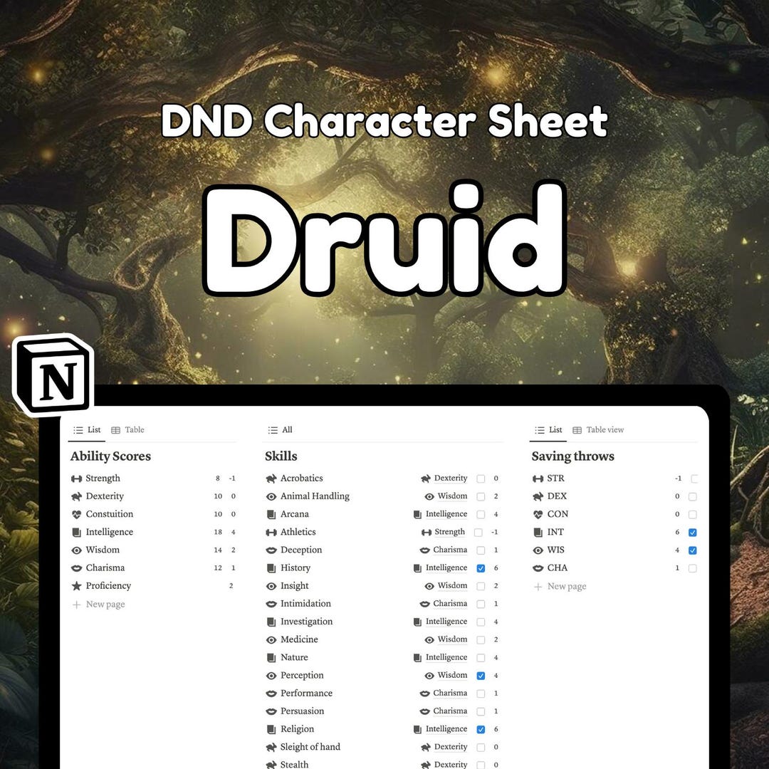 D&D 5e Druid Class Notion Template | Character Sheet | Dungeons and ...