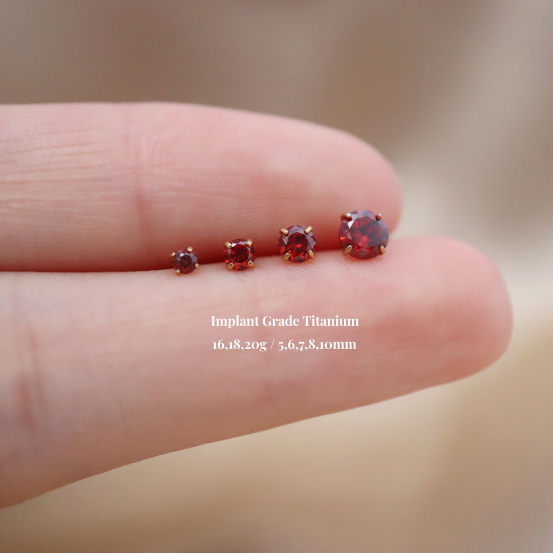 Titanium Garnet Cz Threadless Push Pin Labret Stud, Flat Back Earring, Cartilage Stud, Tragus ...