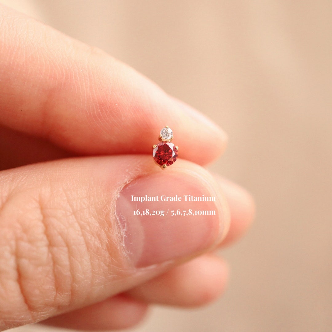 Titanium Garnet Cz Threadless Push Pin Labret, Raindrop Birthstone Flat Back Earring, Cartilage ...