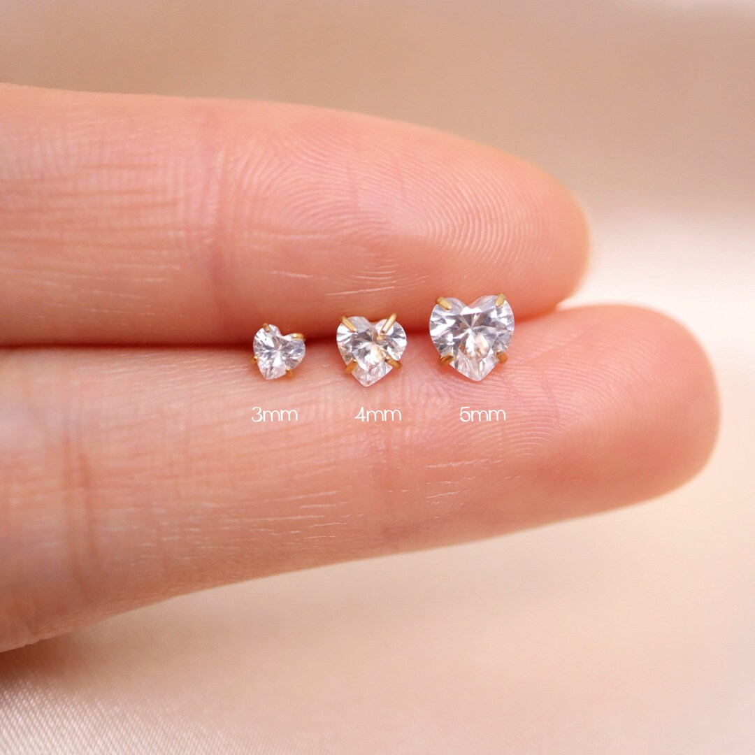 Titanium Cz Heart Push Pin Labret, Threadless Flat Back Earrings ...