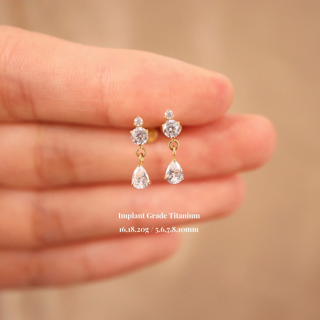 Titanium Cz Dangle Threadless Push Pin Labret, Teardrop Dangle Flat ...