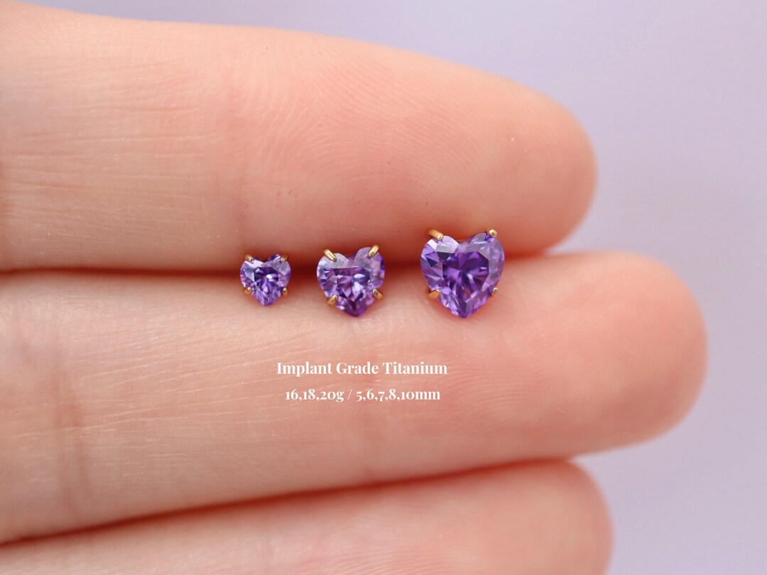 Titanium Amethyst Heart Cz Threadless Push Pin Labret, Flat Back ...