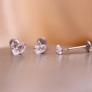 Titanium Cz Heart Push Pin Labret, Threadless Flat Back Earrings ...