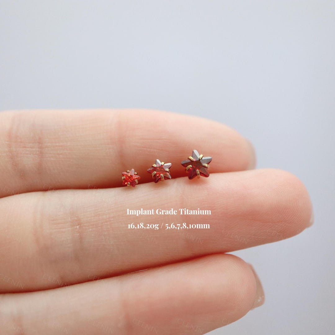 Titanium Garnet Star Cz Threadless Push Pin Labret, 3mm 4mm 5mm Star Flat Back Earring ...