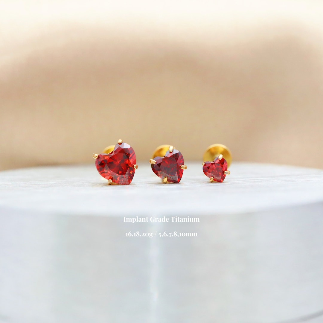 Titanium Heart Garnet Cz Push Pin Labret, Threadless Flat Back Earring, Cartilage Tragus Helix ...