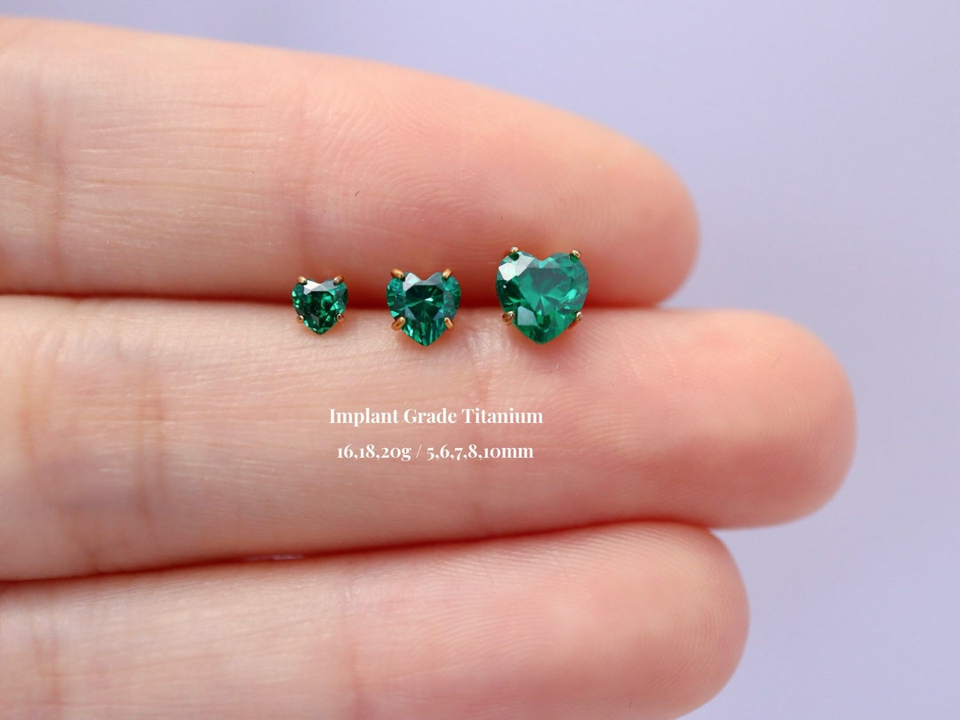 Titanium Emerald Cz Heart Threadless Push Pin Labret, Flat Back Earrings, Cartilage Stud, Tragus ...