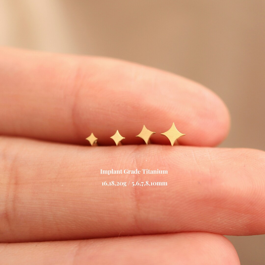 Titanium Star Threadless Push Pin Labret, 4 Point Star Flat Back Stud, Cartilage Tragus Helix ...