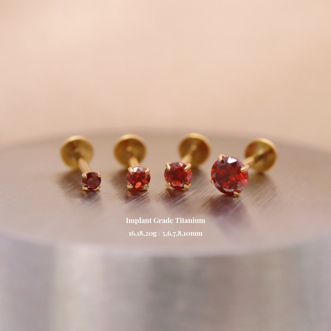 Titanium Garnet Cz Threadless Push Pin Labret Stud, Flat Back Earring, Cartilage Stud, Tragus ...