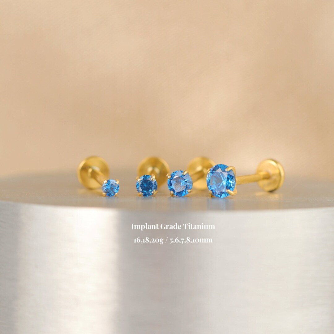 Titanium Sapphire Threadless Push Pin Labret, Cz Flat Back Earrings ...