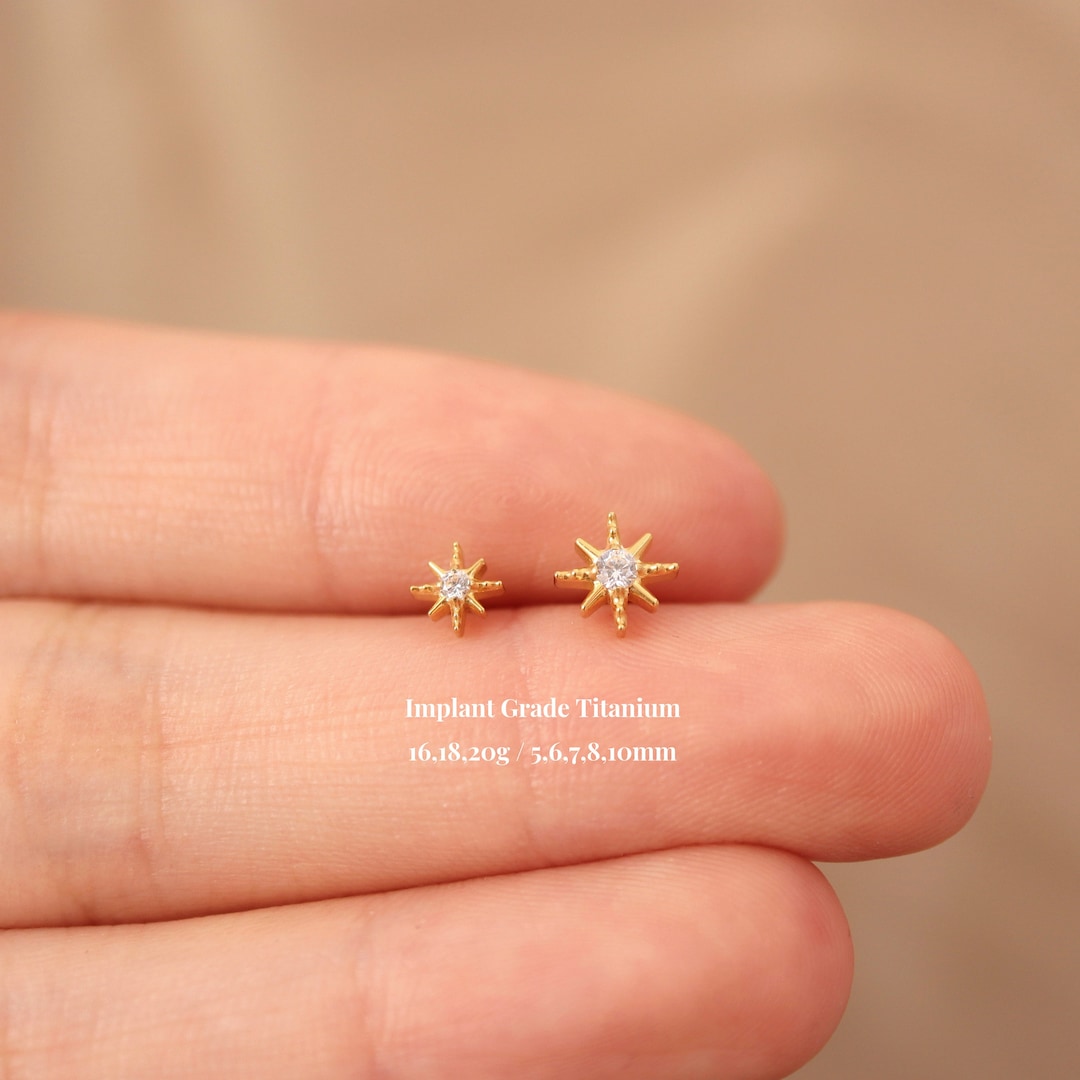 Titanium Starburst Threadless Push Pin Labret, Cz Star Flat Back Stud ...