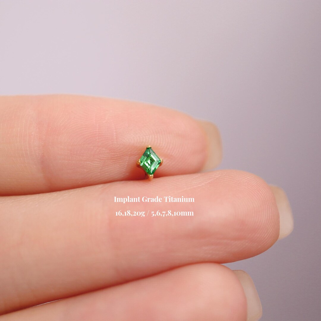 Titanium Emerald Threadless Push Pin Labret, Rhombus Cz Flat Back Earring, Cartilage Tragus ...
