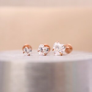 Titanium Cz Heart Push Pin Labret, Threadless Flat Back Earrings ...