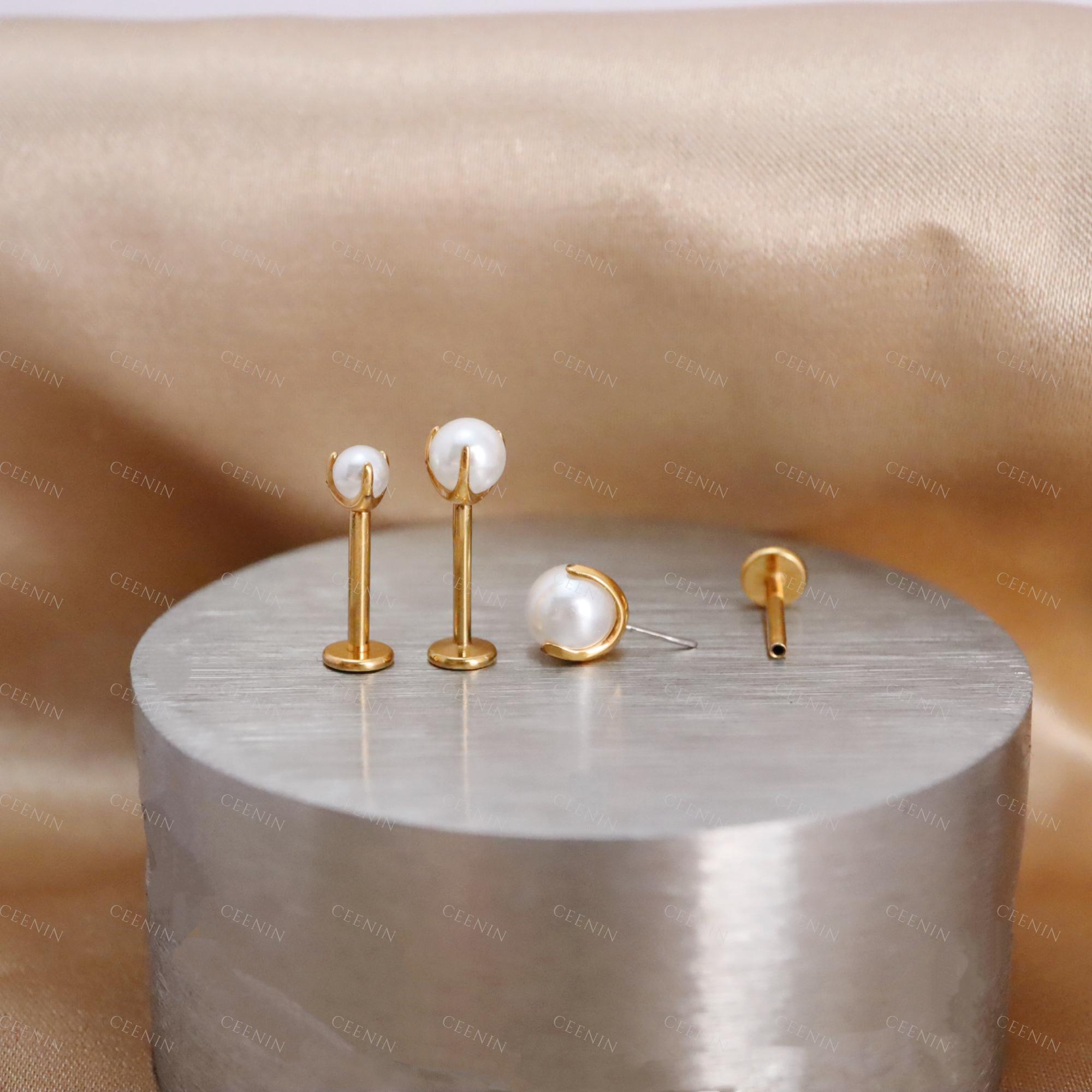 Titanium Pearl Threadless Push Pin Labret, 3mm 4mm 5mm Pearl Flat Back ...