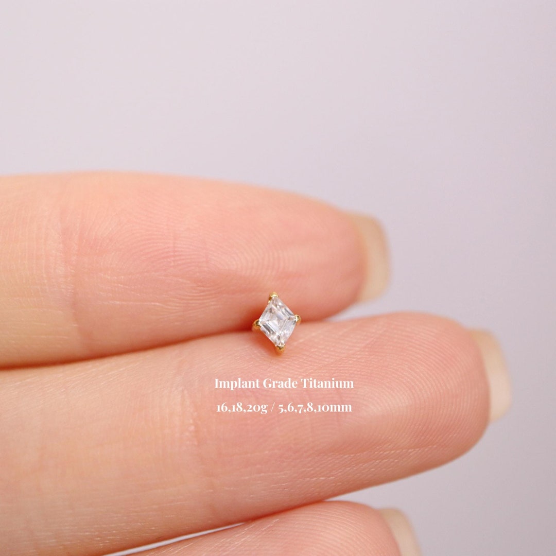 Titanium Rhombus Cz Threadless Push Pin Labret, Cz Flat Back Earring ...