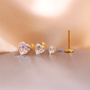 Titanium Cz Heart Push Pin Labret, Threadless Flat Back Earrings ...