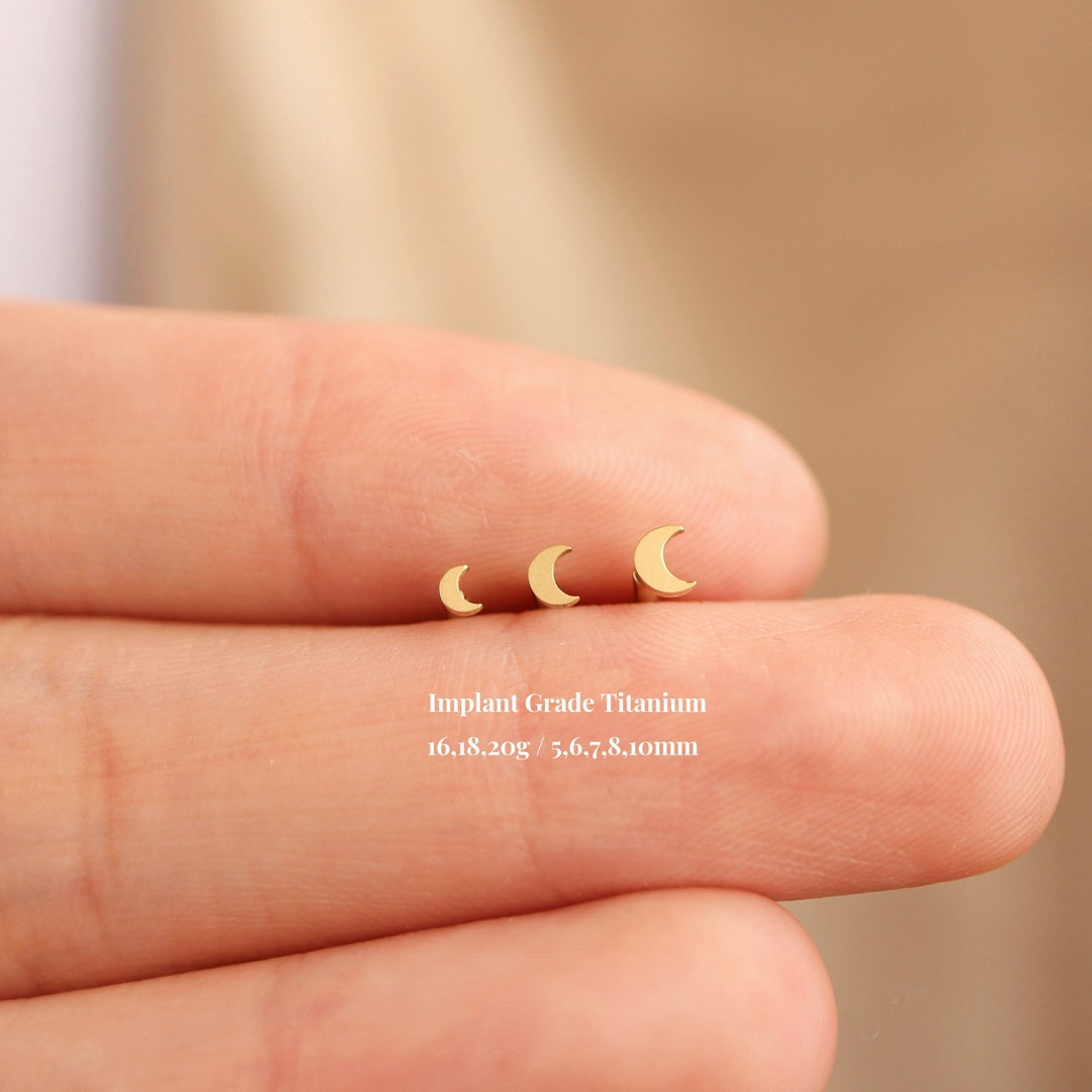 Titanium Crescent Moon Threadless Push Pin Labret, Moon Flat Back Stud, Cartilage Tragus Helix ...