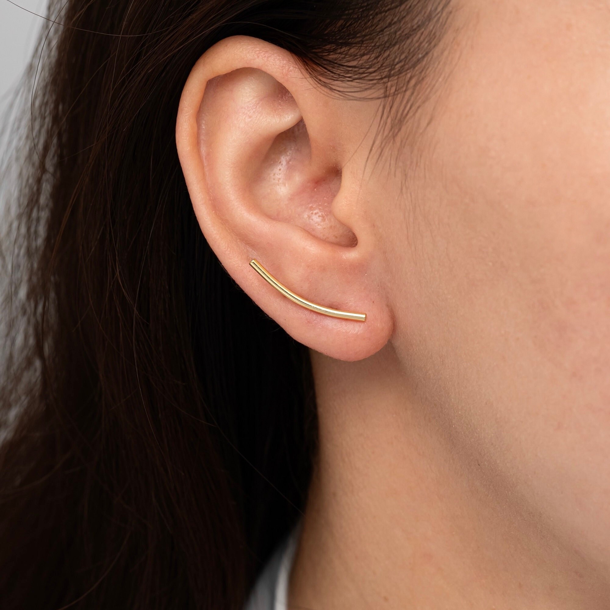 Curved Bar Stud Earrings Simple Long Bar Climber Earrings | Etsy