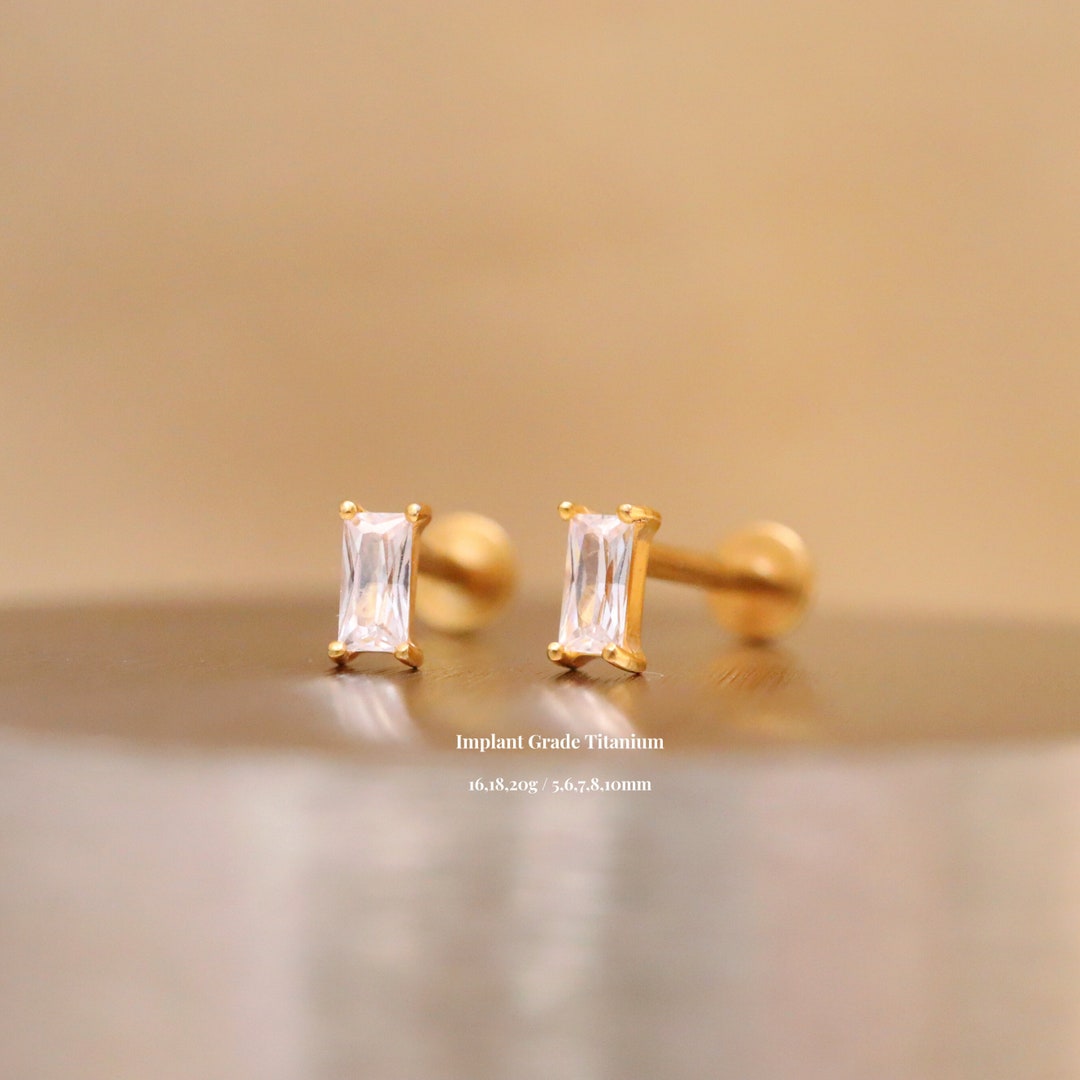 Titanium Rectangle Cz Threadless Push Pin Labret, Baguette Flat Back Earrings, Cartilage, Tragus ...