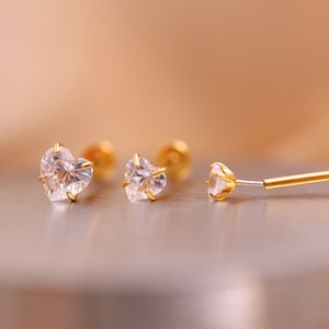 Titanium Cz Heart Push Pin Labret, Threadless Flat Back Earrings ...